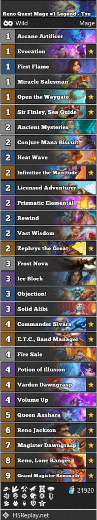 Reno Quest Mage #1 Legend - Tsu (Score: 259-204) | Hearthstone Wild Decks