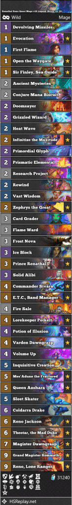 Renathal Reno Quest Mage #36 Legend (Score: 22-16) | Hearthstone Wild Decks