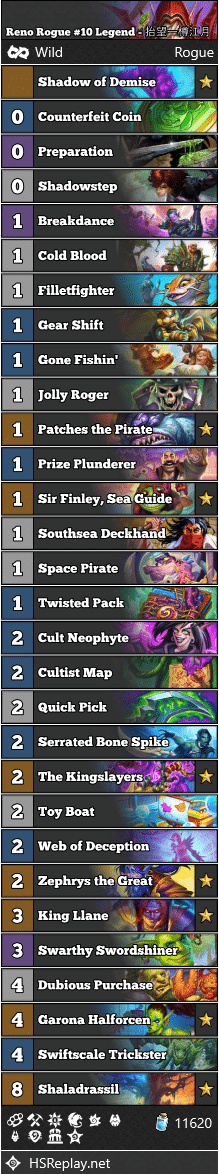 Reno Rogue #10 Legend - 抬望一樽江月 (Score: 192-150) | Hearthstone Wild Decks