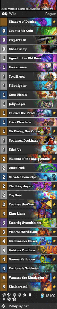 Reno Velarok Rogue #113 Legend - Unknown (Score: 21-13) | Hearthstone ...